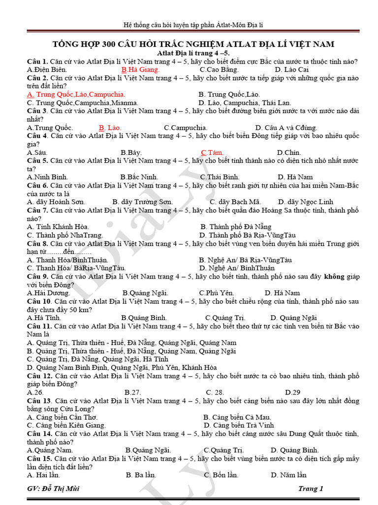Tong Hop 300 Cau Hoi TN Atlat Dia Ly Viet Nam 8122022875 | PDF