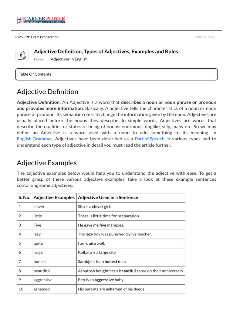 Adjective Definition, Types of Adjectives, Examples and Rules | PDF ...