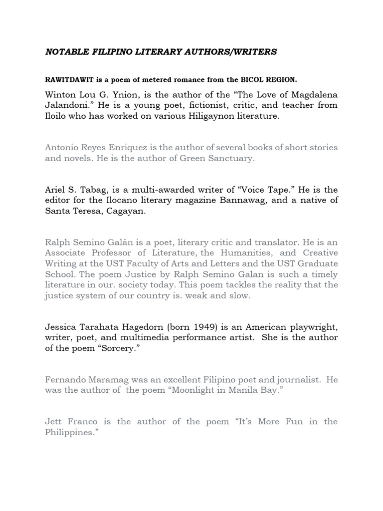 Lesson 1 Additional Lecture Filipino Literary Authors | PDF