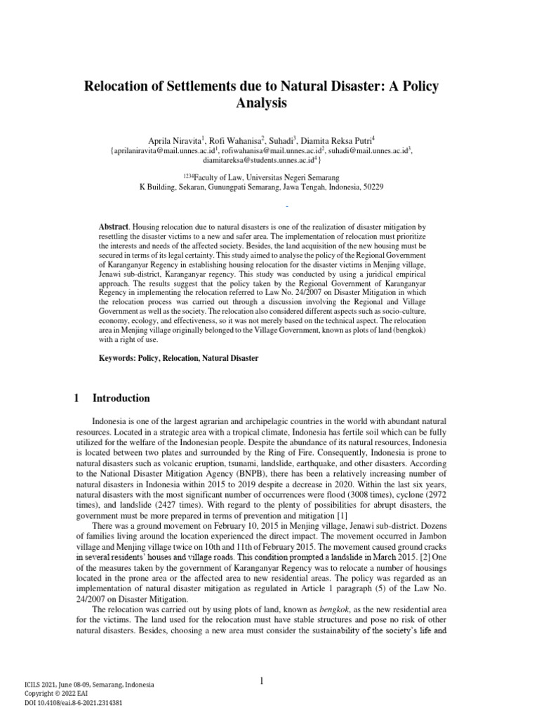 Relocation of Settlements Due To Natural Disaster A Policy ICILS 2021, June 08-09, Semarang ...