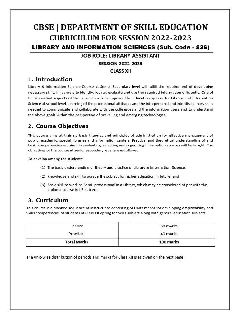 CBSE Class XII Library Assistant Curriculum | PDF | Libraries | Teachers