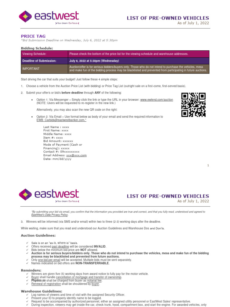 List of Pre-Owned Vehicles Price Tag 070122 | PDF | Auction | Car