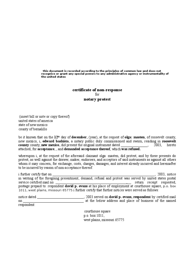 certificate of non-response notary protest