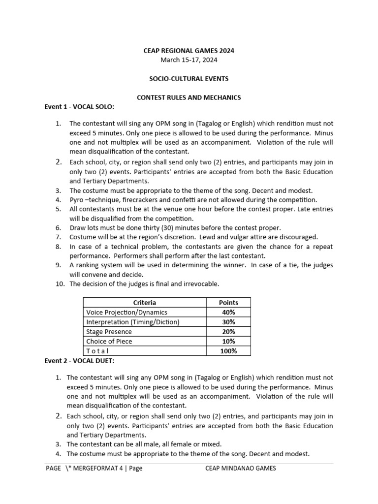 CEAP 2024 Regional Games Events Rules | PDF | Dances | Performing Arts