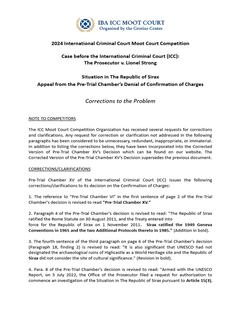 Corrections and Clarifications - IBA ICC Moot Court Problem 2024 | PDF | International Criminal ...