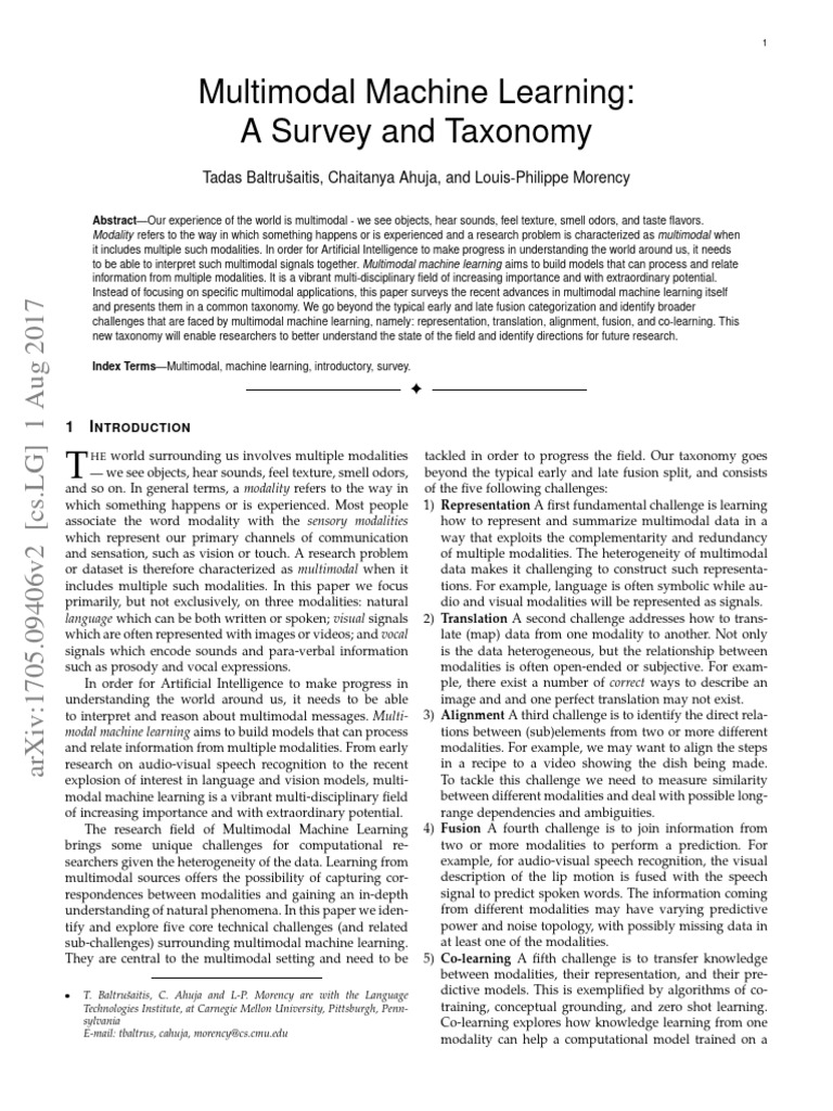 Multimodal Machine Learning: A Survey and Taxonomy: Tadas Baltru Saitis, Chaitanya Ahuja, and ...