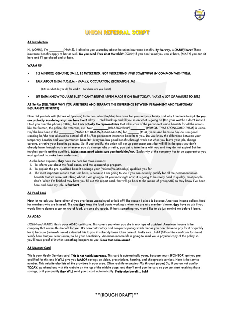 UNION REFERRAL SCRIPT Dream Team September 2nd 2019 No Highlight | PDF ...