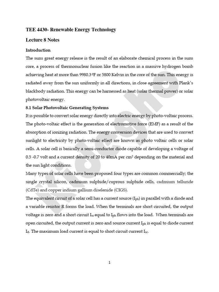 TEE4430 Lecture 8 Notes Solar PV | PDF | Solar Power | Photovoltaics