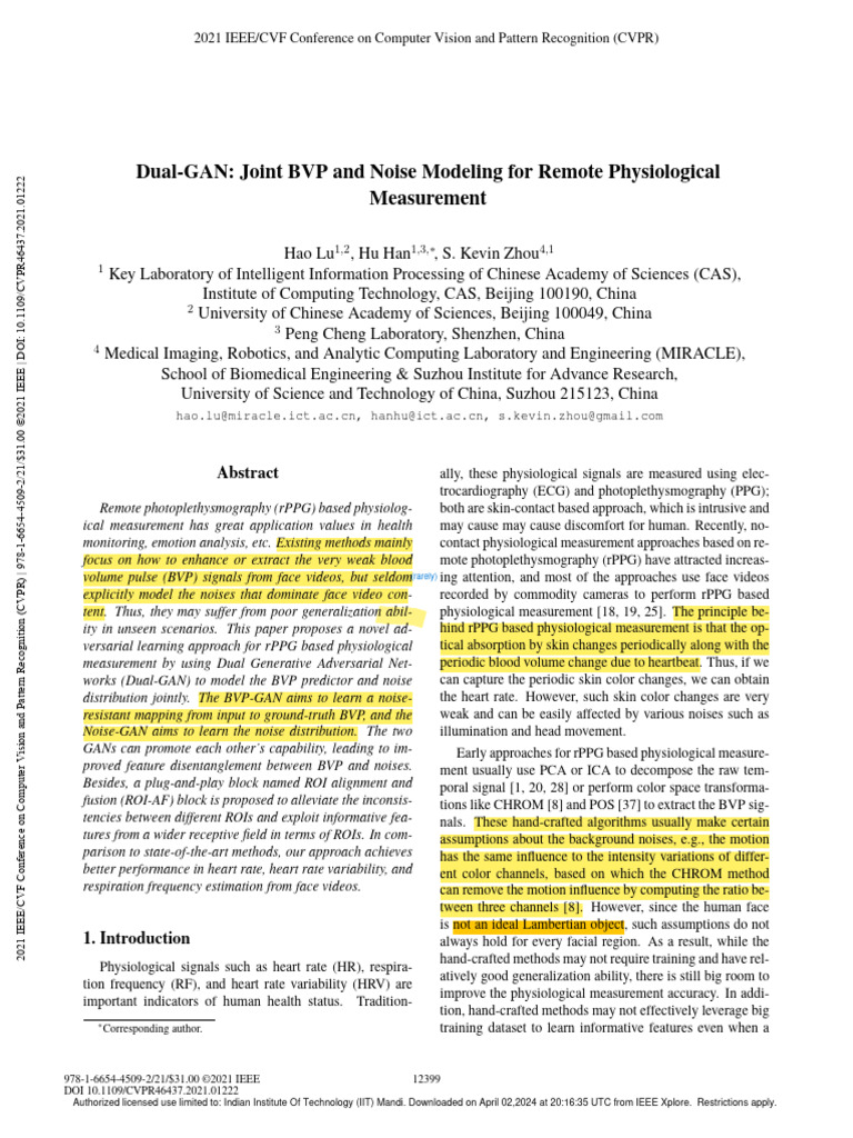 Dual-GAN Joint BVP and Noise Modeling For Remote Physiological Measurement | PDF | Computer Vision