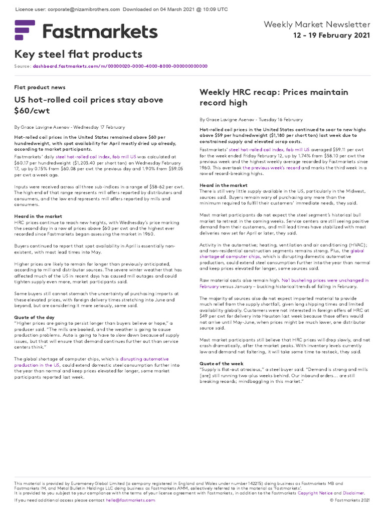 Fastmarkets Key Steel Flat Products Weekly 2021-02-19 | PDF | Rolling ...