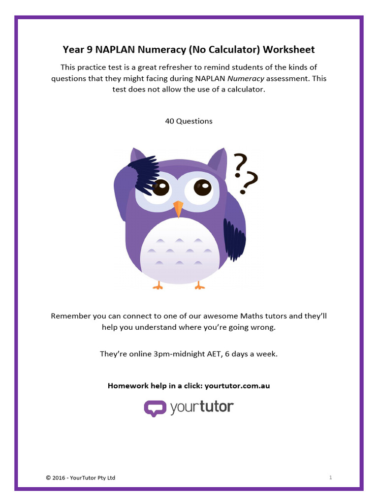 Year 9 NAPLAN Numeracy Practice Test | PDF | Area | Equations