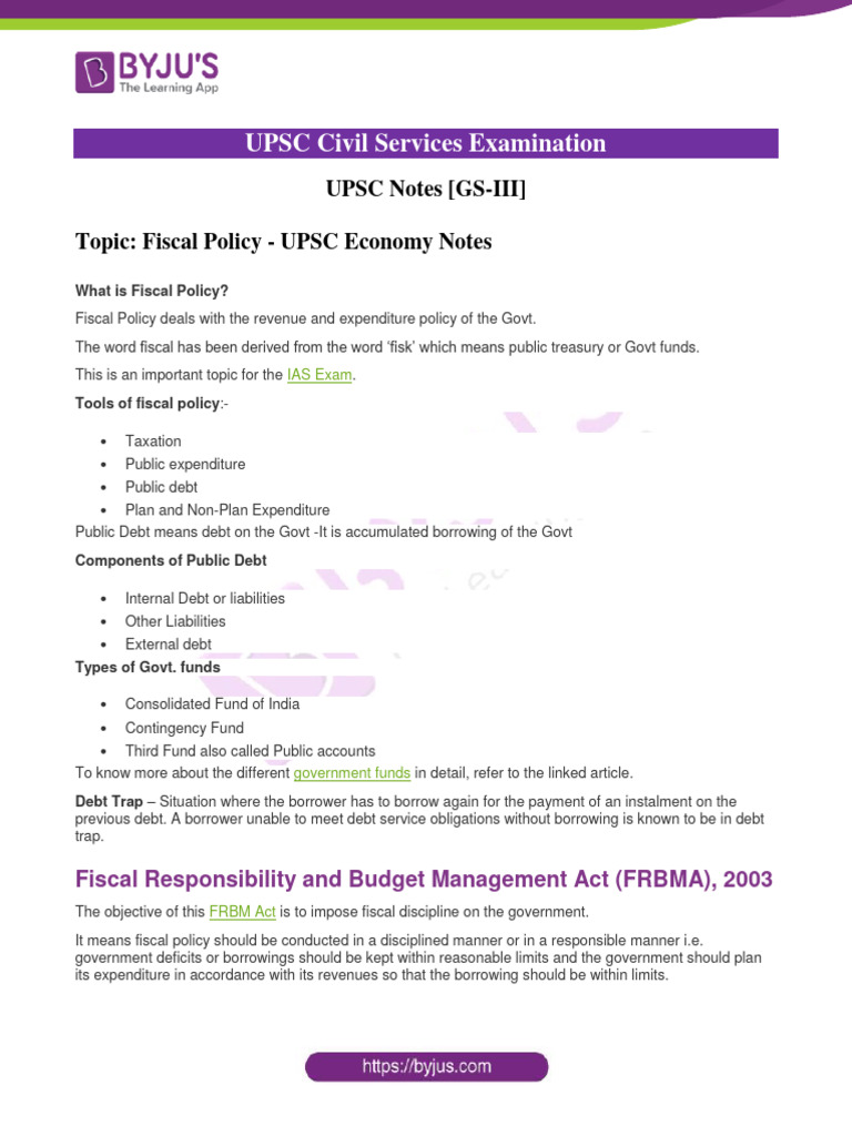 UPSC GS-III: Fiscal Policy Notes | PDF | Fiscal Policy | Government ...