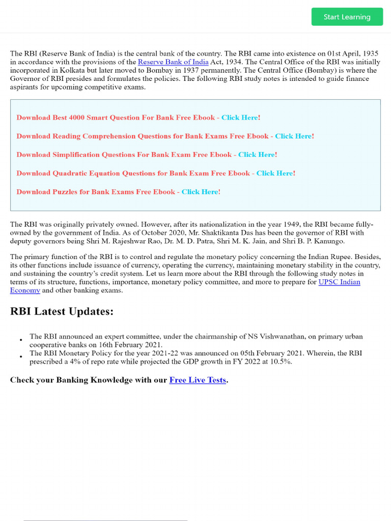 RBI Study Notes - Overview, Structure, Functions, Monetary Policy | PDF