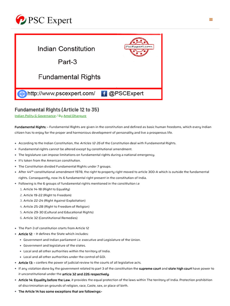 Fundamental Rights (Article 12 To 35) - PSC Experttt | PDF ...