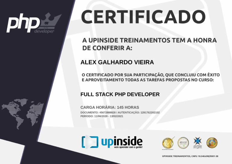 Certificado - Full Stack PHP Developer - Upinside | PDF
