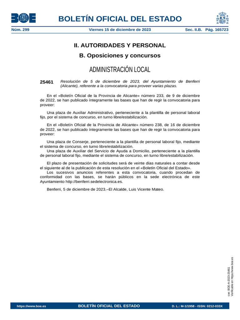 Anuncio Boe 15 - 12 - 2023 - Convocatoria Aux. Admin - Conserje - Aux. Ayuda A Domicilio | PDF ...
