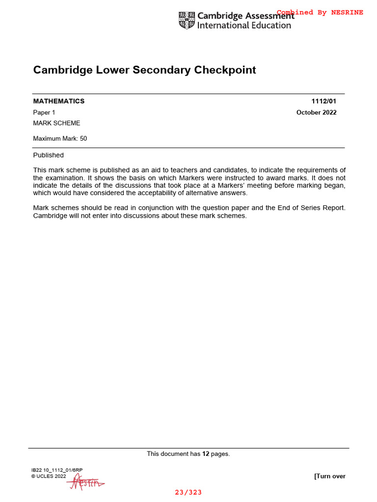Cambridge Checkpoint Oct 22 Marking Scheme | PDF