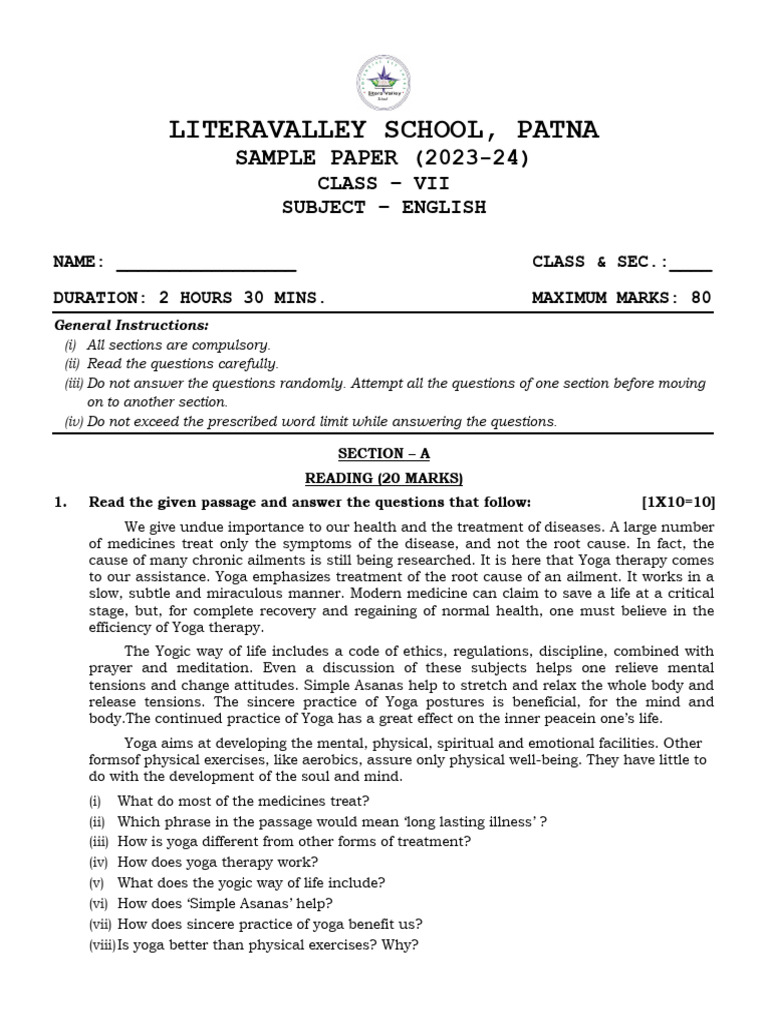 Class 7 Sample Paper | PDF | Yoga