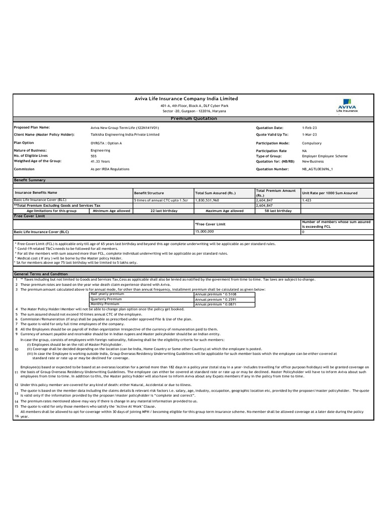 Aviva New Group Term Life - R - Taikisha Engineering | PDF | Insurance ...