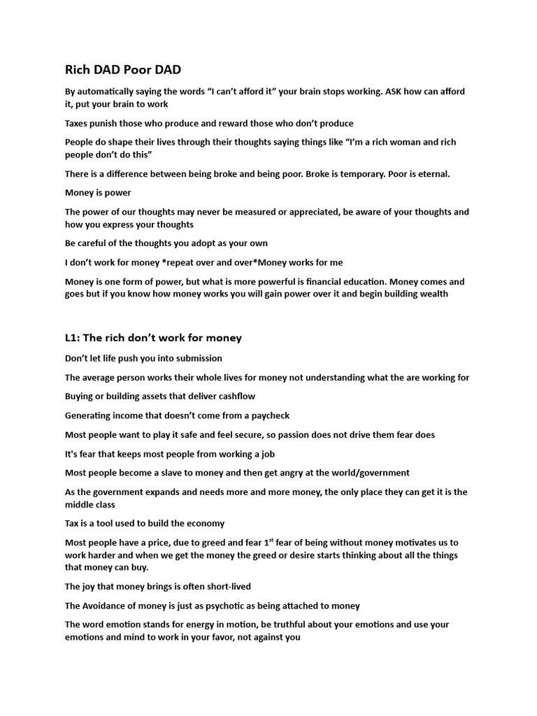 Rich DAD Poor DAD BOOK SUMMARY | PDF | Money | Greed