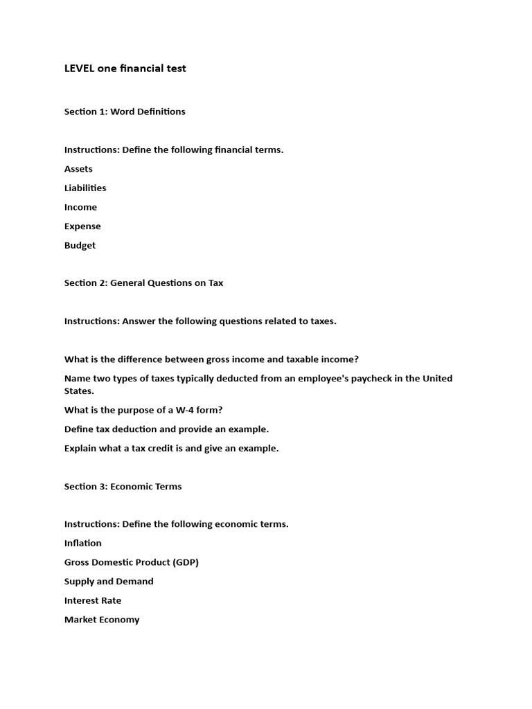 Financial & Economic Terms Test | PDF | Social Science
