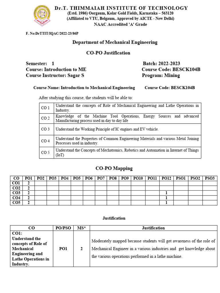 Mechanical Engineering CO-PO Mapping | PDF | Engineering | Internet Of ...