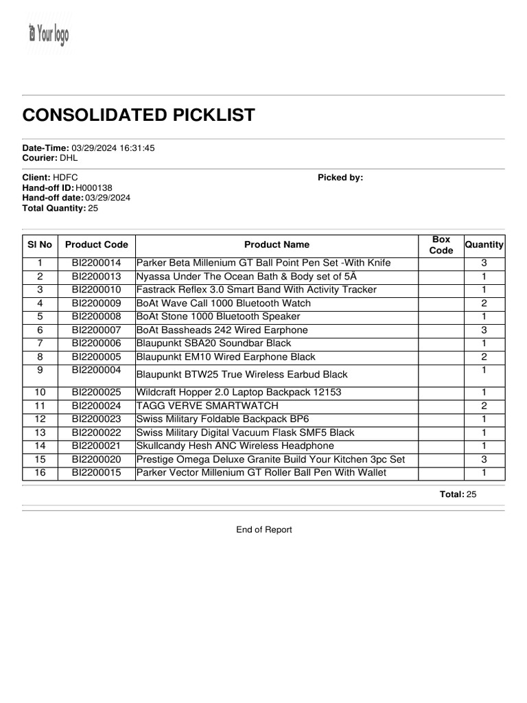 Consolidated Picklist for HDFC Shipment | PDF