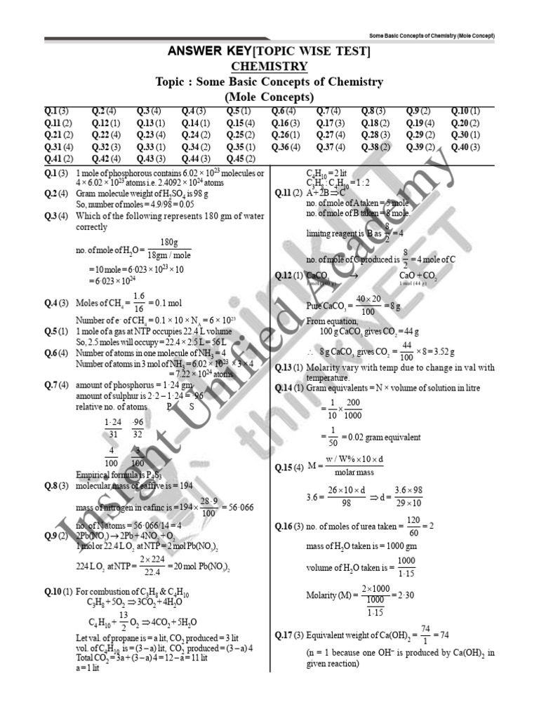 WT - Some Basic Concept Chemistry Ans | PDF | Mole (Unit) | Atoms