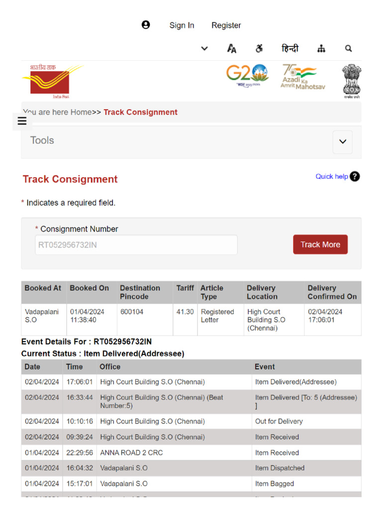 Screencapture Indiapost Gov in Layouts 15 Dop Portal Tracking Trackconsignment Aspx 2024 04 03 ...