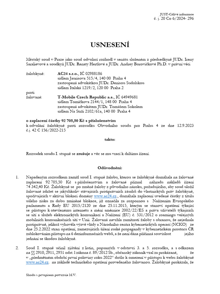 Rozsudek Městského soudu v Praze v kauze zablokování "dezinformačních" webů | PDF