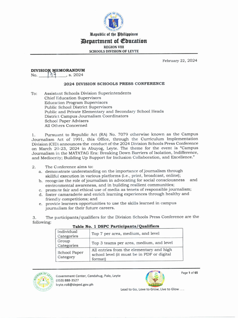 DM No. 137, S. 2024 2024 Division Schools Press Conference | PDF