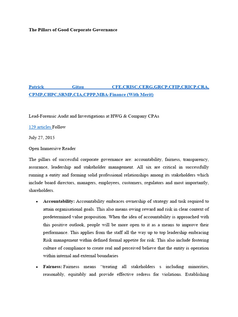 Pillars of Good Corporate Governance | PDF | Corporate Governance ...