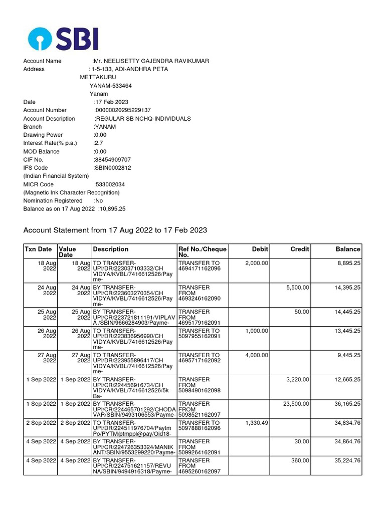 SBI Last 6 Months Statement | PDF | Debits And Credits | Money