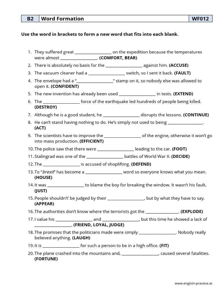 Word Formation - PDF Vocabulary Worksheet - B2 - WF012 | PDF