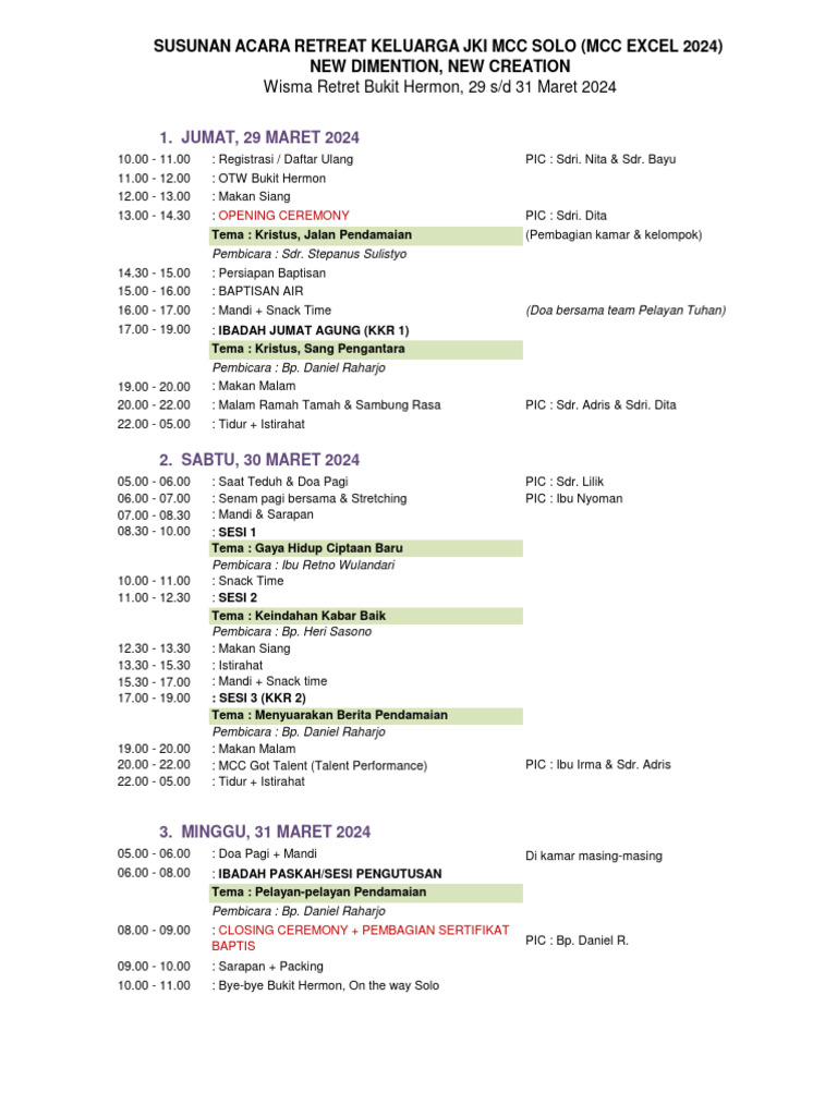 SUSUNAN ACARA RETREAT EXCEL 2024 | PDF