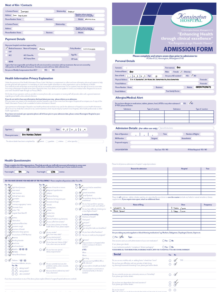 Admission Form | PDF | Hospital | Anesthesia