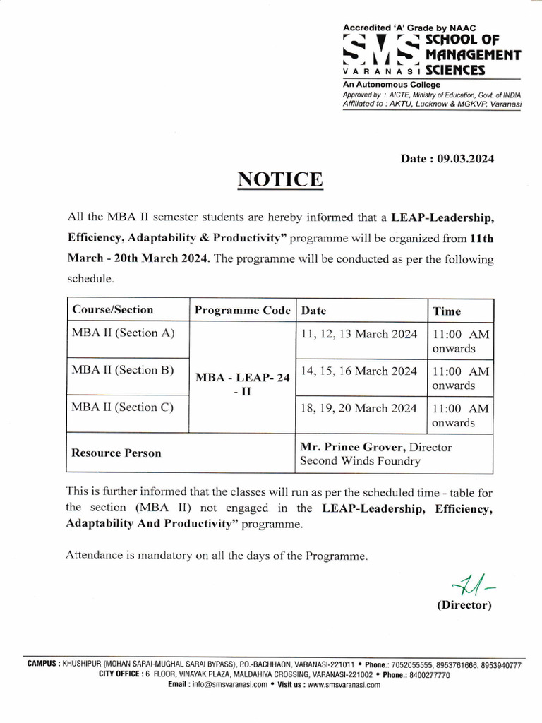Notice - Workshop Mba - Ii Sem | PDF
