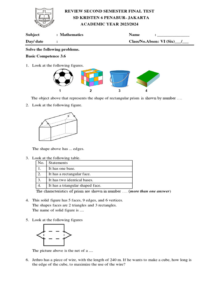 Math Final Test Review 2023/2024 | PDF | Shape | Area
