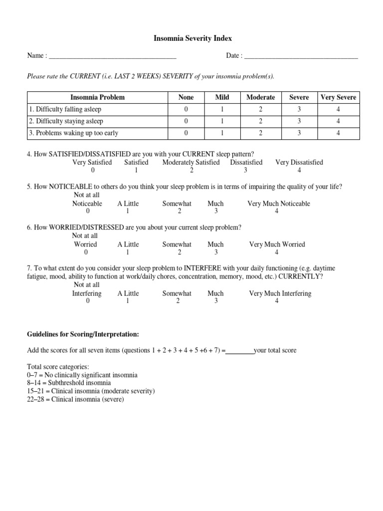Insomnia Severity Index Questionnaire | PDF