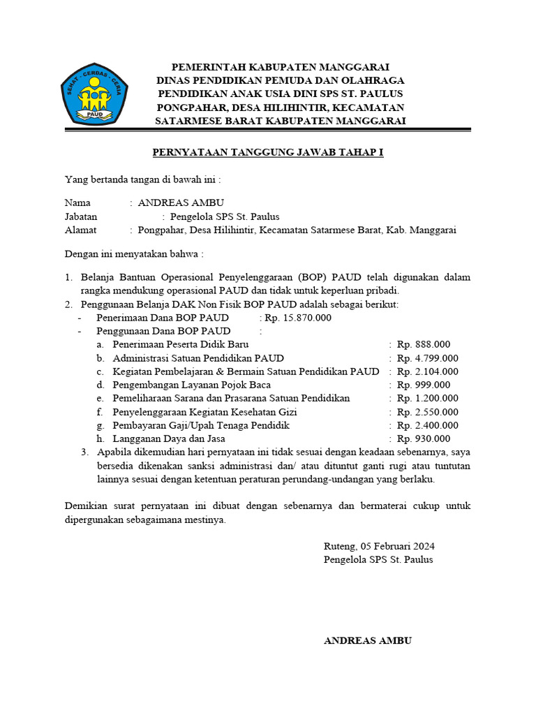 Laporan Penggunaan Dana BOP PAUD | PDF | Kesehatan Holistik