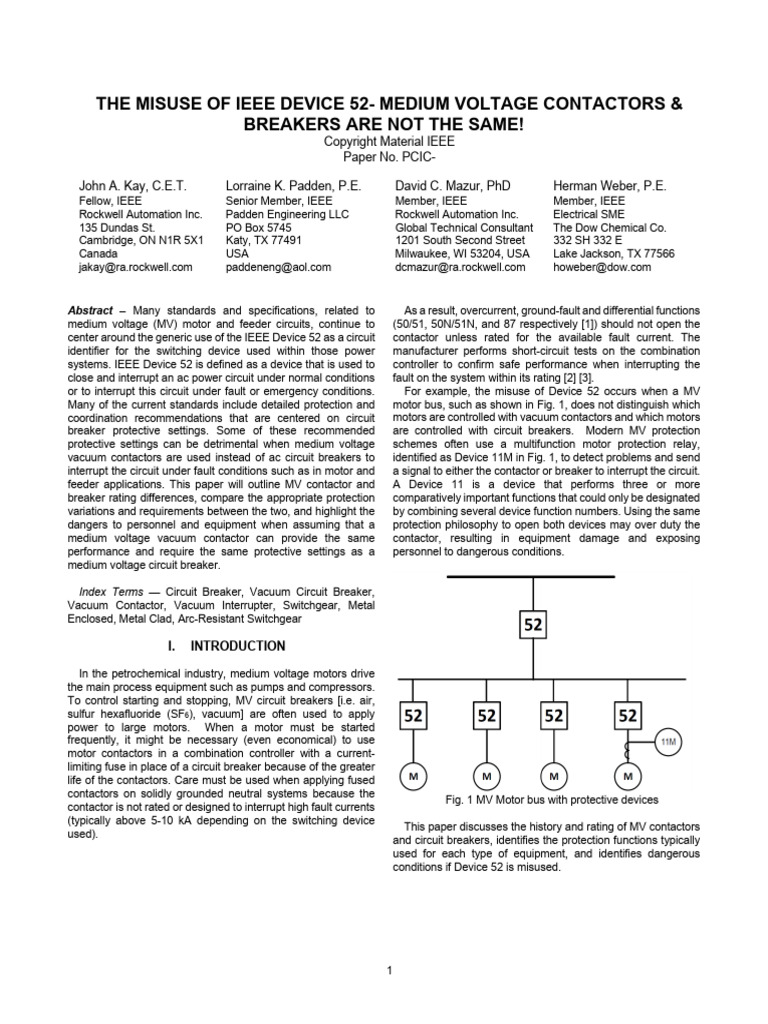 Misuse of Ieee Device 52 - Medium Voltage Contactors & Breakers Are Not ...