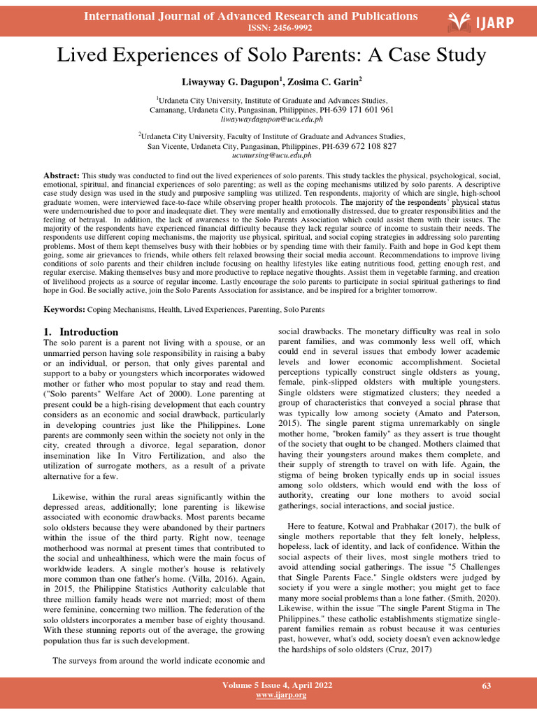 Lived Experiences of Solo Parents A Case Study | PDF | Psychological ...