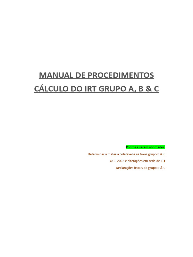 Manual de Procedimentos Do Cálculo Do Irt Grupo a b c (1) (1) (1) | PDF ...