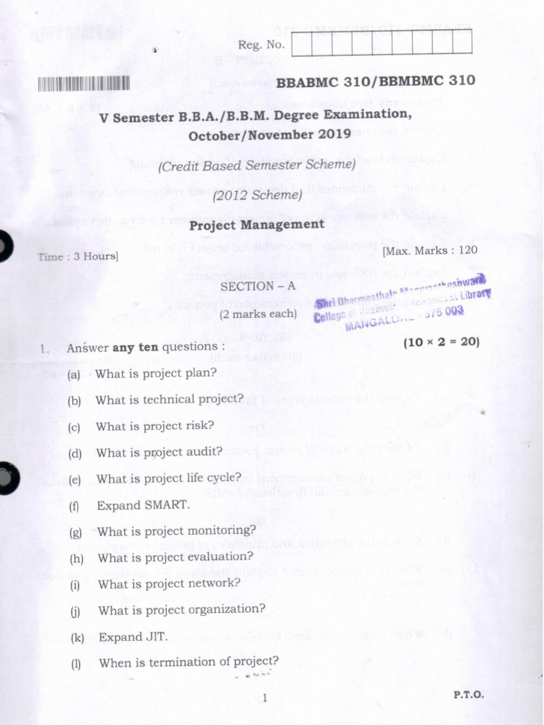 BBA V Semester Project Management Nov 2019 | PDF