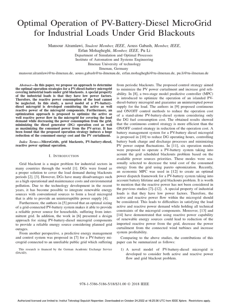 Optimal Operation of PV-Battery-Diesel MicroGrid For Industrial Loads Under Grid Blackouts | PDF ...