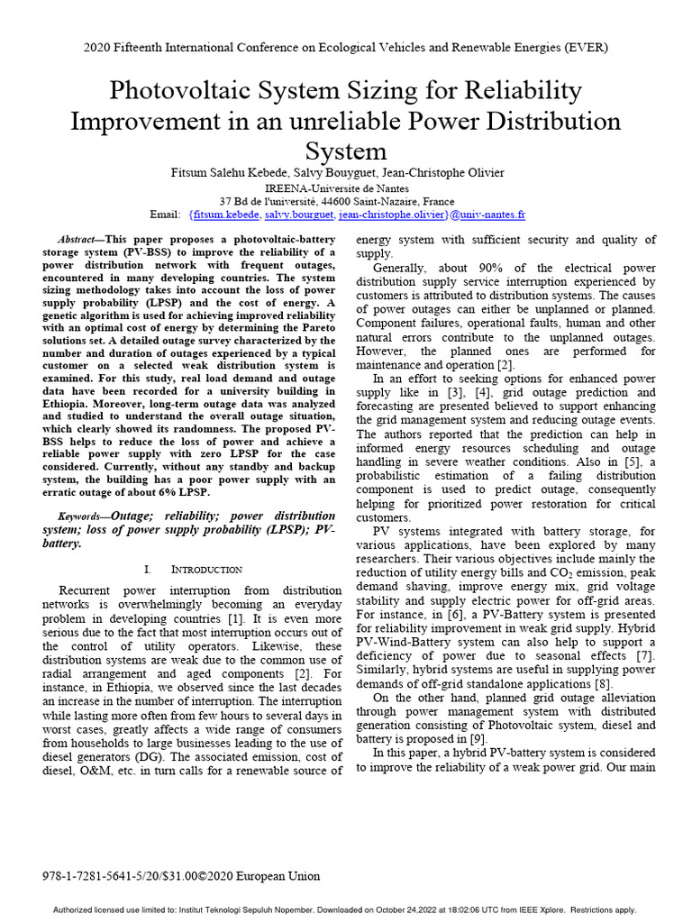 Photovoltaic System Sizing For Reliability Improvement in An Unreliable ...