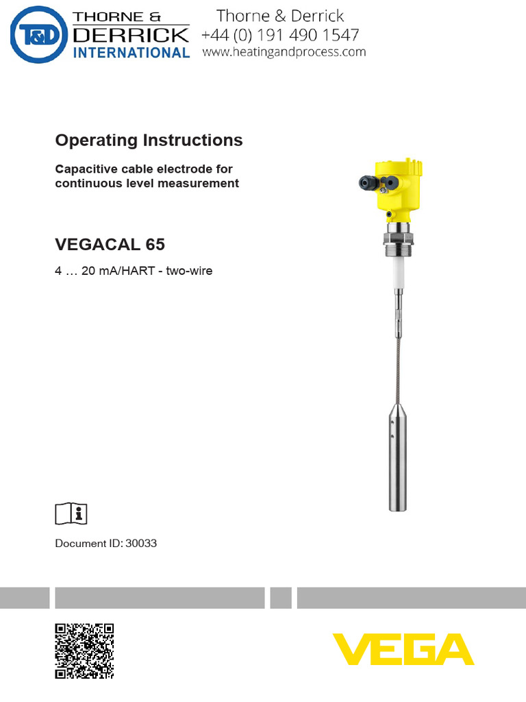VEGA Level Sensor VEGACAL 65 Capacitive Level Sensor Operating Manual ...
