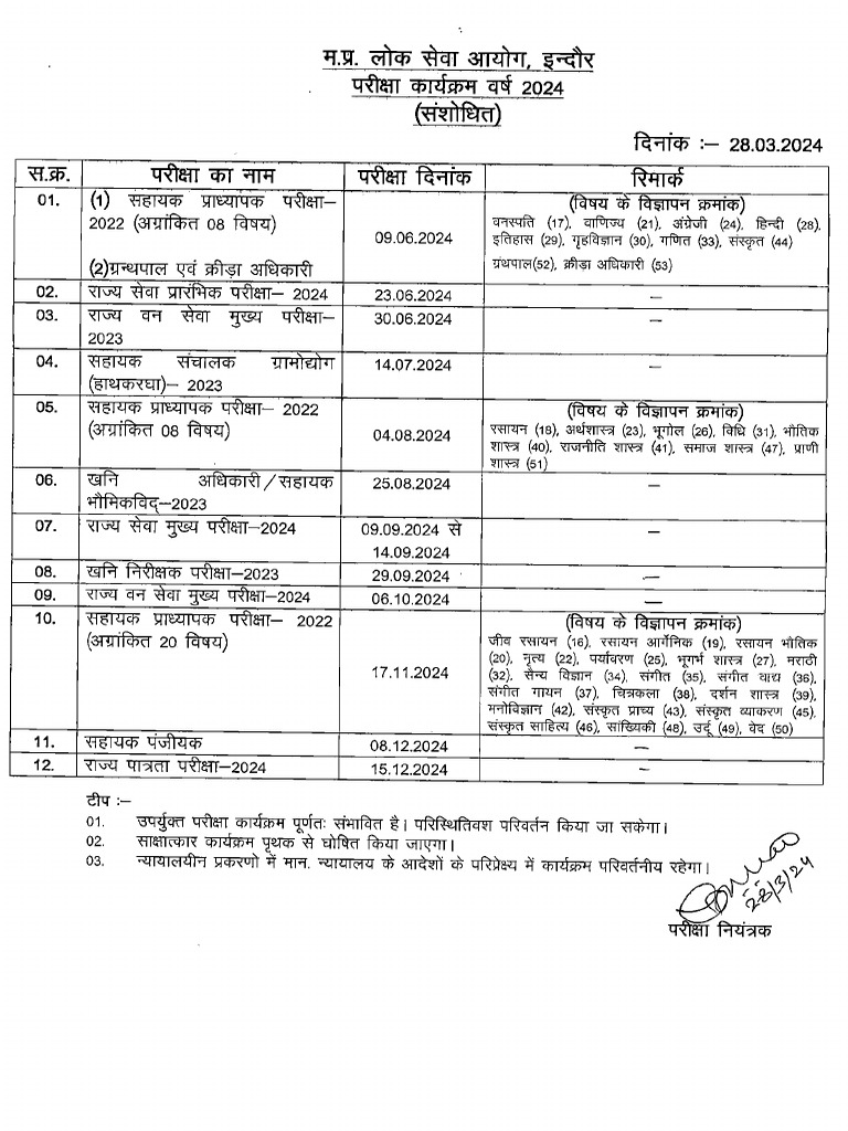 Amended Exam Calendar 2024 Dated 28-03-2024 | PDF