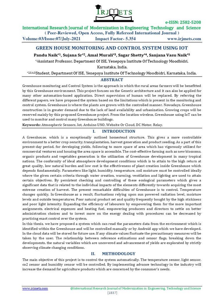 Green House Monitoring And Control System Using Iot Pdf Greenhouse