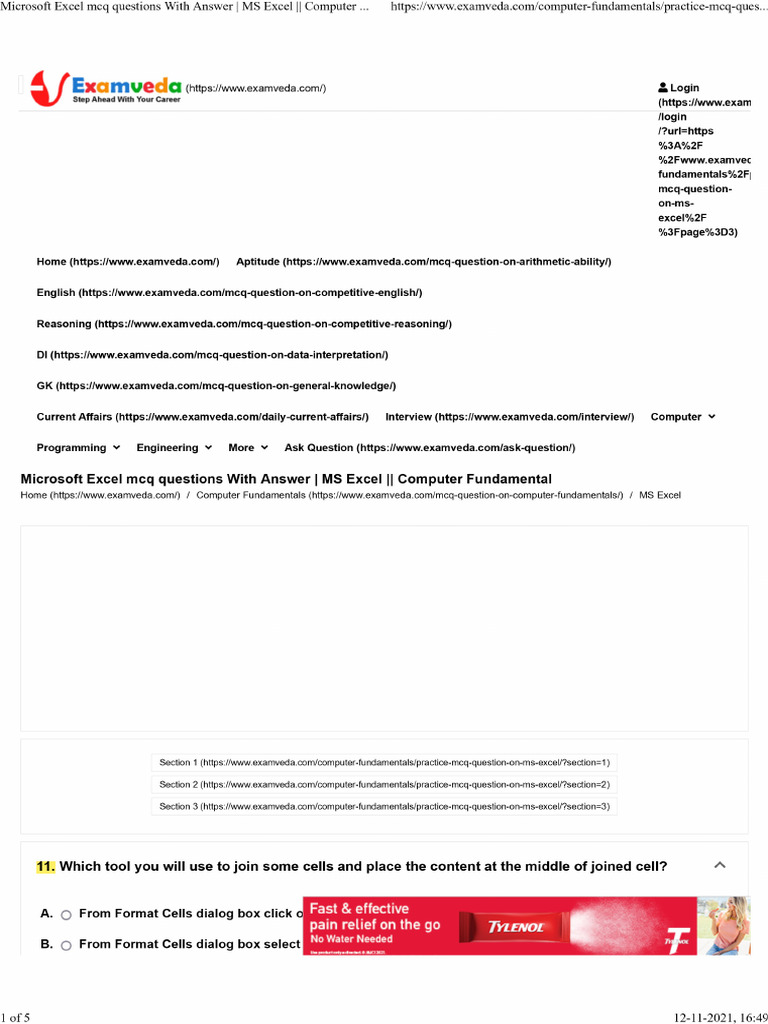Microsoft Excel MCQ Questions With Answer - MS Excel - Computer Fundamental | Download Free PDF ...